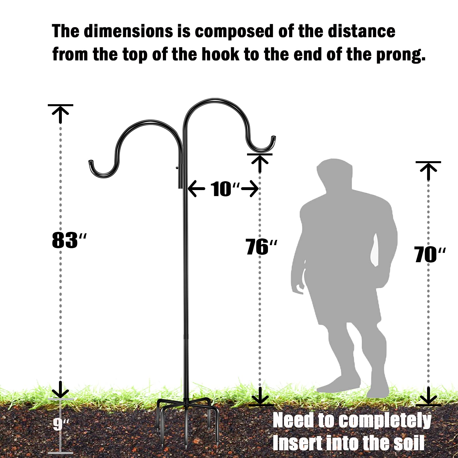 Outdoor Double Shepherds Hook/Bird Feeder 5/8 in Pole with 5 Shakes Base, DUYKQEM 92 inch Heavy Duty Garden Hanging Plant Stand 2 Pack, Outside Holder Hanger for Lanterns Light,Wedding Flower Basket