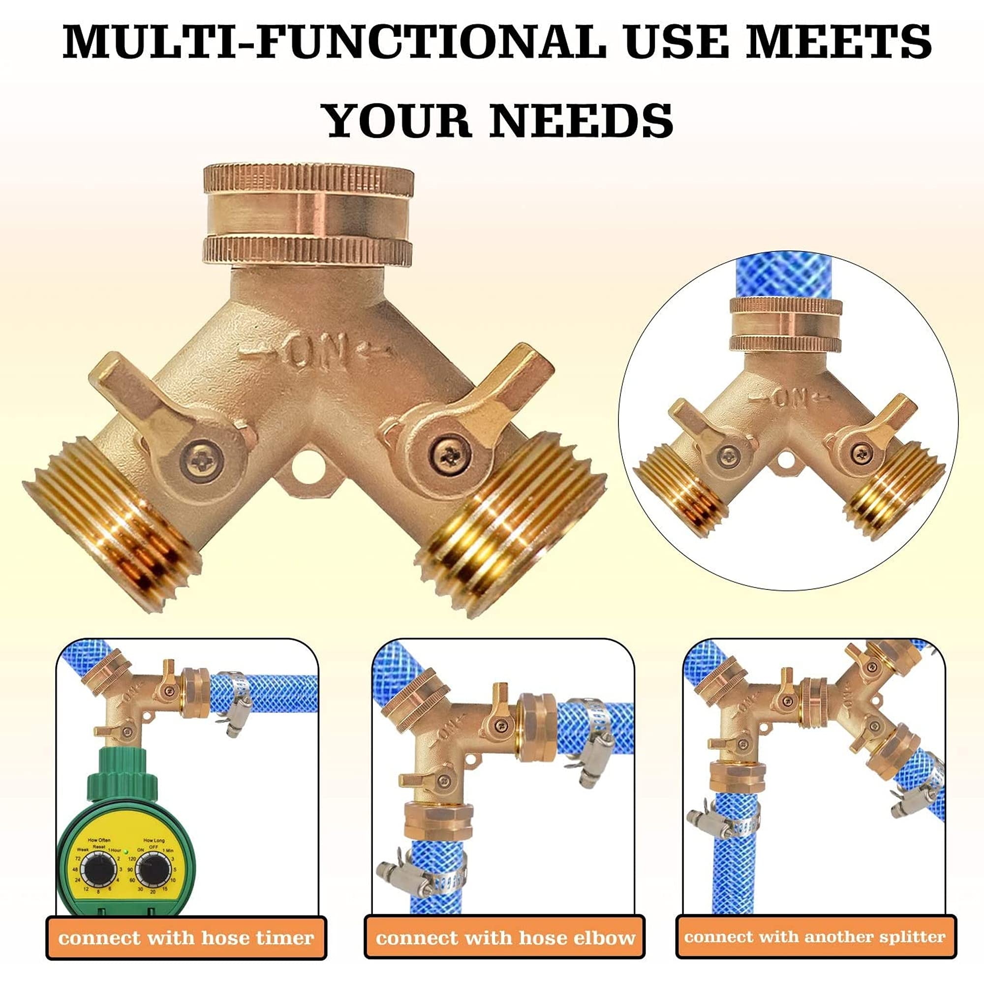 Xiny Tool Brass Garden Hose Splitter (2 Way), Solid Brass Hose Y Splitter 2 Valves with 2 Extra Rubber Washers (4)