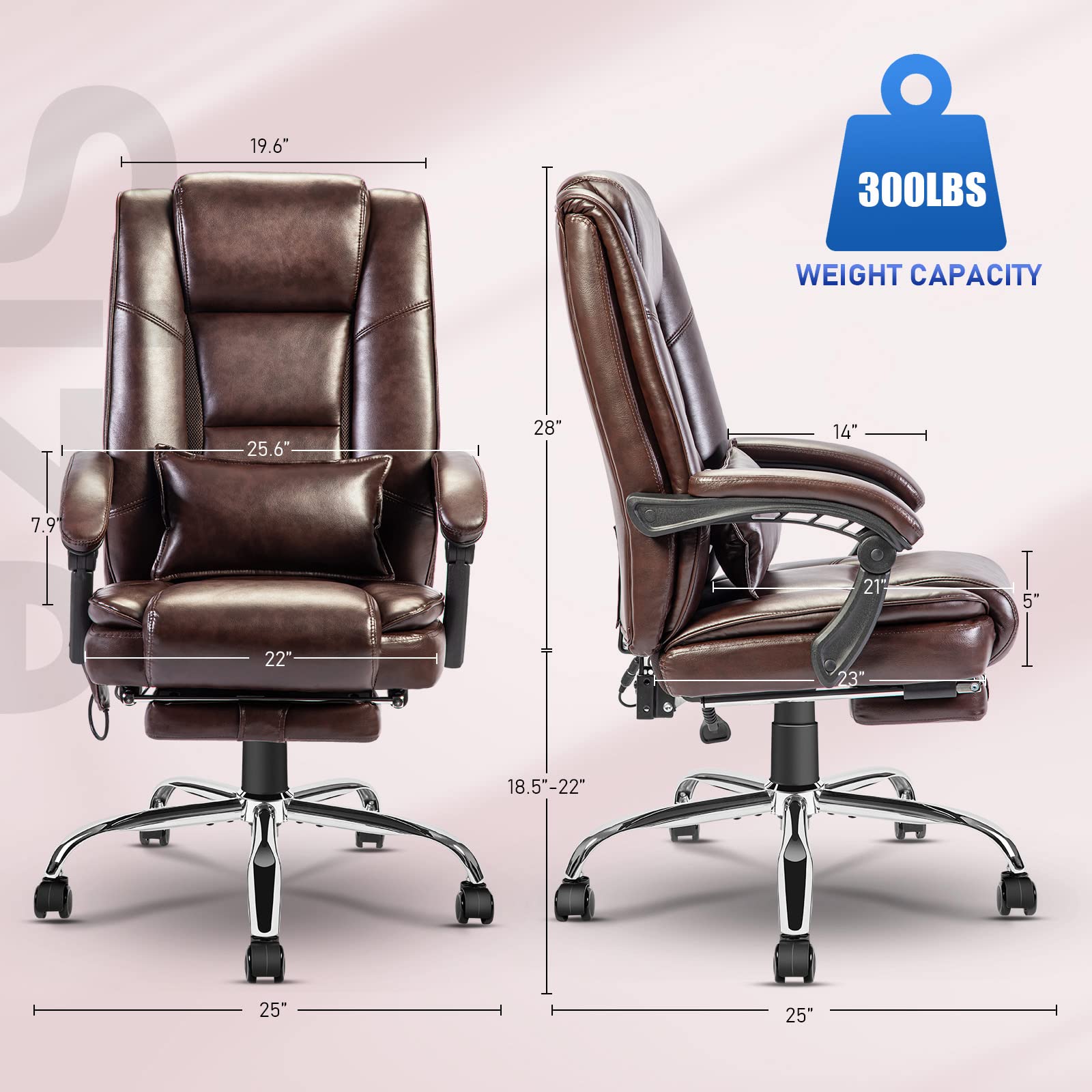 NOBLEMOOD Executive Office Chair, 4 Points Massage Heated Desk Chair, Big and Tall Office Chair Ventilation Mesh Ergonomic Reclining Chair with Lumbar Support Pillow and Footrest(Black)
