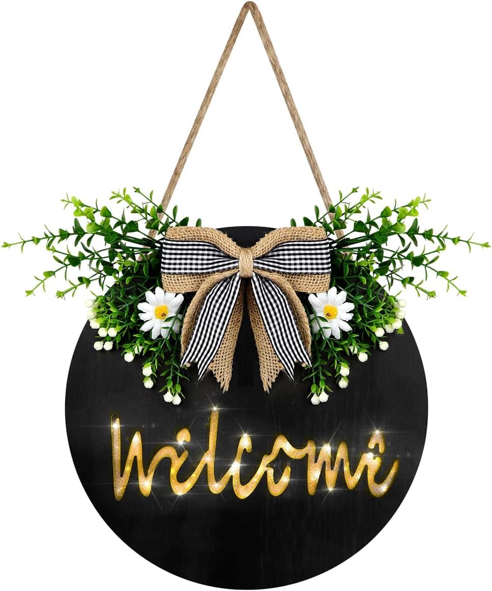 Welcome Door Sign for Fronts Door with Timer Lights Round Wood Hanging Signs Fronts Door Decor for Farmhouse Porch Decorations Welcome Door Sign Hanging for Home Wall Outdoor Indoor (Black)