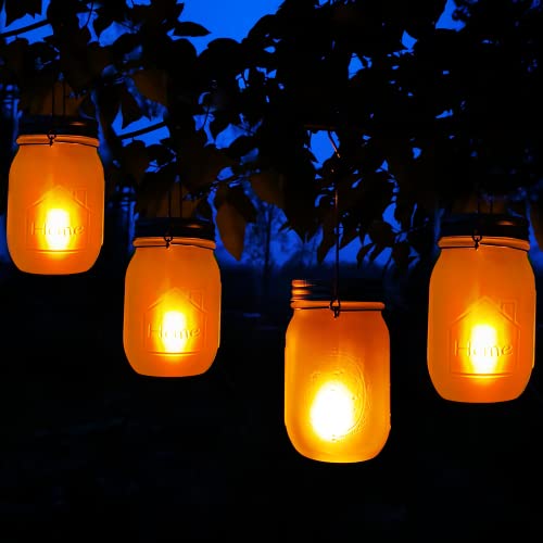 Solar Mason Jar Flame Lantern Lights ,4 Pack LED Flickering Flame Effect Light,Solar Lanterns for Outdoor Patio Party Garden Wedding Christmas Decor Lights(Mason Jars/Handles Included)