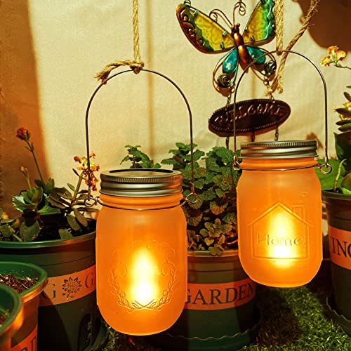 Solar Mason Jar Flame Lantern Lights ,4 Pack LED Flickering Flame Effect Light,Solar Lanterns for Outdoor Patio Party Garden Wedding Christmas Decor Lights(Mason Jars/Handles Included)