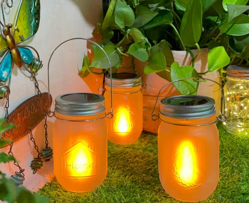 Solar Mason Jar Flame Lantern Lights ,4 Pack LED Flickering Flame Effect Light,Solar Lanterns for Outdoor Patio Party Garden Wedding Christmas Decor Lights(Mason Jars/Handles Included)