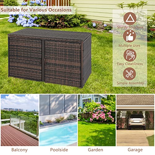 Outvita Outdoor Storage Box, 88GAL Waterprrof Rattan Patio Deck Storage Container with Double Doors and Flip Cover for Backyard, Balcony, Poolside, Garden Brown