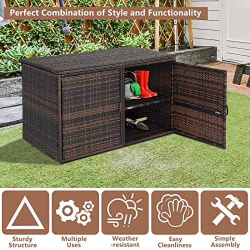 Outvita Outdoor Storage Box, 88GAL Waterprrof Rattan Patio Deck Storage Container with Double Doors and Flip Cover for Backyard, Balcony, Poolside, Garden Brown