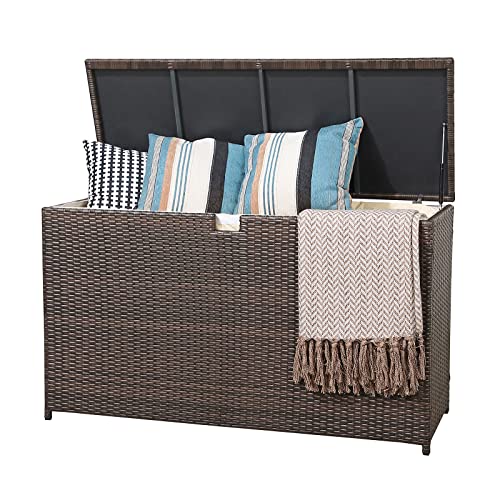 Patiorama Outdoor Wicker Storage Box, Garden Deck Bin with Aluminum Frame, Patio Cushion Storage, Brown Wicker Rattan Pool Storage Box, Water-Resistant Liner, 120 Gallon