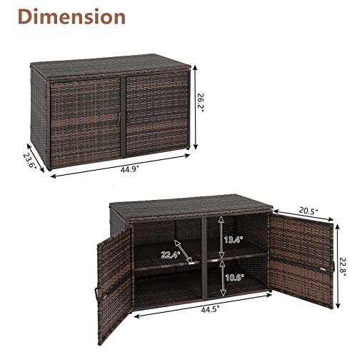 Outvita Outdoor Storage Box, 88GAL Waterprrof Rattan Patio Deck Storage Container with Double Doors and Flip Cover for Backyard, Balcony, Poolside, Garden Brown