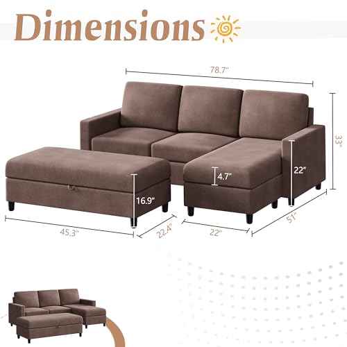 JAMFLY 79'' Sectional Sofa Couch with Storage Ottoman, Living Room Furniture Set Small Deep Convertible Sofa, L-Shaped Couch Wide Reversible Chaise with Linen Fabric (Brown)