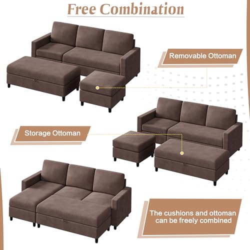 JAMFLY 79'' Sectional Sofa Couch with Storage Ottoman, Living Room Furniture Set Small Deep Convertible Sofa, L-Shaped Couch Wide Reversible Chaise with Linen Fabric (Brown)
