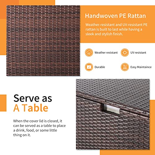 Patiorama Outdoor Wicker Storage Box, Garden Deck Bin with Aluminum Frame, Patio Cushion Storage, Brown Wicker Rattan Pool Storage Box, Water-Resistant Liner, 120 Gallon