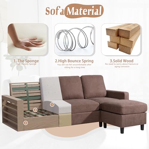 JAMFLY 79'' Sectional Sofa Couch with Storage Ottoman, Living Room Furniture Set Small Deep Convertible Sofa, L-Shaped Couch Wide Reversible Chaise with Linen Fabric (Brown)