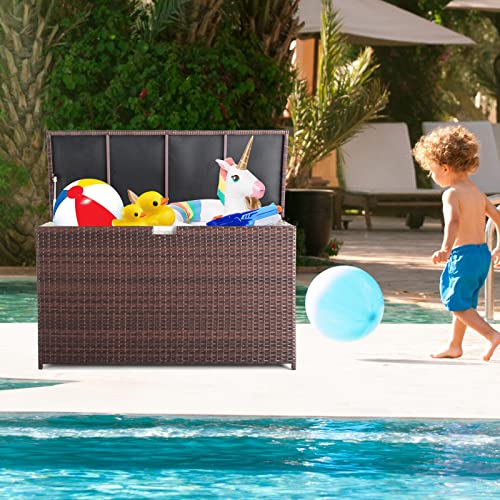 Patiorama Outdoor Wicker Storage Box, Garden Deck Bin with Aluminum Frame, Patio Cushion Storage, Brown Wicker Rattan Pool Storage Box, Water-Resistant Liner, 120 Gallon