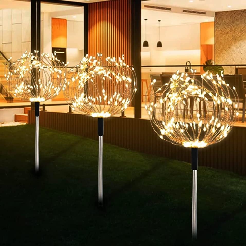 Upgrated 3 Pack Solar Garden Path Lights with Remote, 120 LED Solar Firework String Lights Outdoor, 8 Modes Landscape Stake Lights for Walkway Backyard Patio Christmas Wedding Party (Warm White)