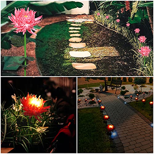 MIKK Solar Garden Stake Flower Lights, 2pack Outdoor Decorative Floral Lights, LED Artificial Waterproof Yard In-Ground Lights Lights for Garden Lawn Patio Backyard.(Pink Chrysanthemum)
