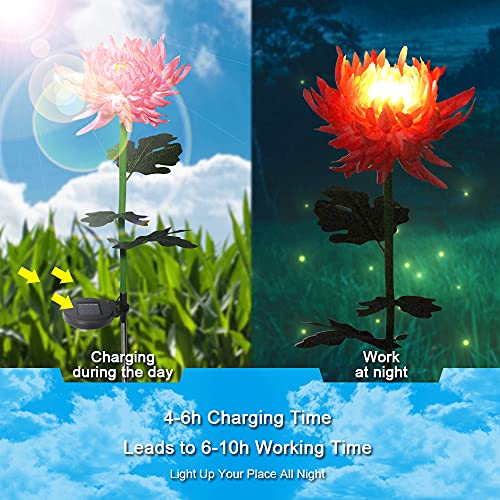 MIKK Solar Garden Stake Flower Lights, 2pack Outdoor Decorative Floral Lights, LED Artificial Waterproof Yard In-Ground Lights Lights for Garden Lawn Patio Backyard.(Pink Chrysanthemum)