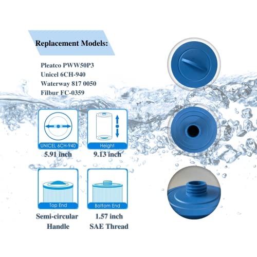 LeadCon 2 Pack PWW50 Filter Replacements for PWW50P3(1 1/2" SAE Coarse Thread), Compatible with Unicel 6CH-940, Filbur FC-0359, Waterway 817-0050 Front Access Skimmer Aber Hot Tubs Fliter