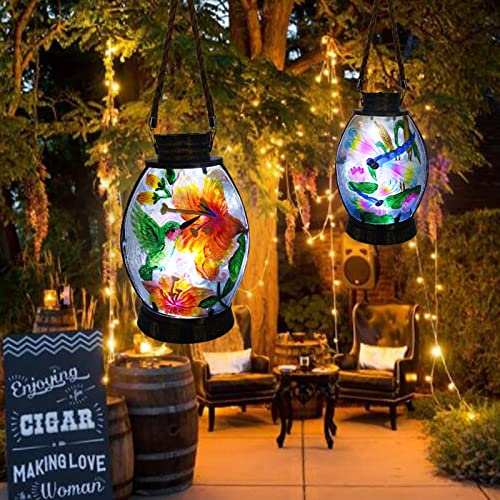 SUBOLO Hanging Solar Lantern Outdoor Garden Metal Glass Dragonfly & Hummingbird Pattern LED Light Solar Powered Waterproof Landscape Table Lamp for Patio, Yard and Pathway - 1 Pc