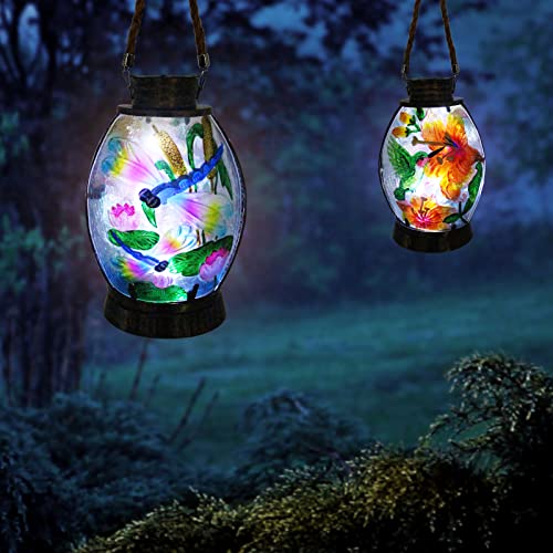 SUBOLO Hanging Solar Lantern Outdoor Garden Metal Glass Dragonfly & Hummingbird Pattern LED Light Solar Powered Waterproof Landscape Table Lamp for Patio, Yard and Pathway - 1 Pc