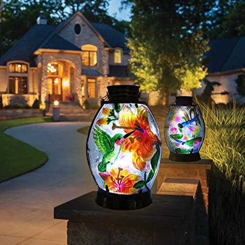 SUBOLO Hanging Solar Lantern Outdoor Garden Metal Glass Dragonfly & Hummingbird Pattern LED Light Solar Powered Waterproof Landscape Table Lamp for Patio, Yard and Pathway - 1 Pc