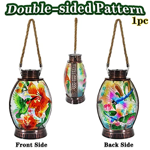 SUBOLO Hanging Solar Lantern Outdoor Garden Metal Glass Dragonfly & Hummingbird Pattern LED Light Solar Powered Waterproof Landscape Table Lamp for Patio, Yard and Pathway - 1 Pc