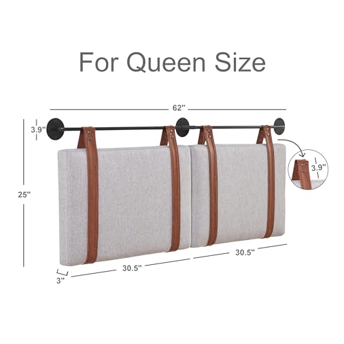Iroomy Wall Mounted Headboard Queen with Brown Faux Leather Straps, Linen Fabric Upholstered Headboard with Adjustable Heigh Headboard, Queen Headboard with Metal Bar for Dining Room, Bedroom, Grey