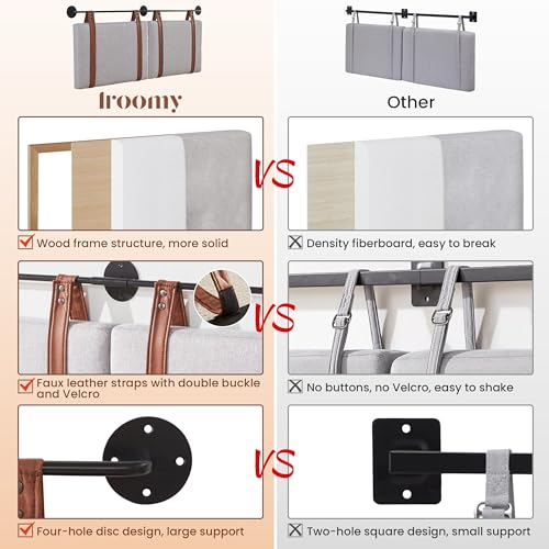 Iroomy Wall Mounted Headboard Queen with Brown Faux Leather Straps, Linen Fabric Upholstered Headboard with Adjustable Heigh Headboard, Queen Headboard with Metal Bar for Dining Room, Bedroom, Grey