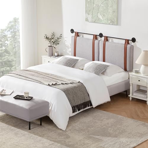 Iroomy Wall Mounted Headboard Queen with Brown Faux Leather Straps, Linen Fabric Upholstered Headboard with Adjustable Heigh Headboard, Queen Headboard with Metal Bar for Dining Room, Bedroom, Grey
