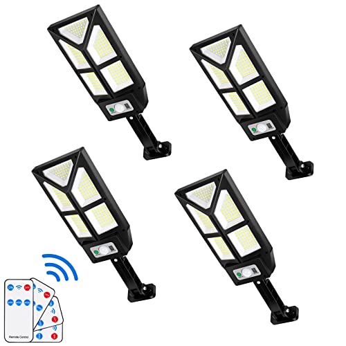 Totexil Solar Street Light, 4 Pack 196 Led Wireless Remote Control Solar Outdoor Lights, IP65 Waterproof Motion Sensor Security Solar Flood Lights with 3 Modes for Garden Street Patio Deck Garage Path