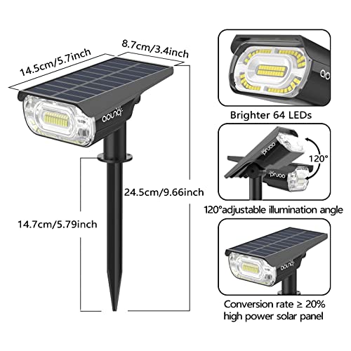 AOUNQ Solar Spot Lights Outdoor Landscape Lighting Blue, [64 LEDs/1000 Lumens/3 Modes] 2-in-1 Solar Outdoor Lights, IP67 Solar Spotlights Outdoor Waterproof Pathway Garden Lights for Yard Tree, 2 Pack
