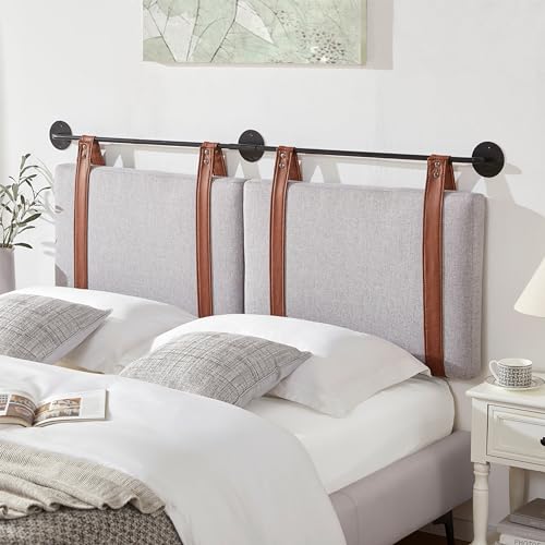 Iroomy Wall Mounted Headboard Queen with Brown Faux Leather Straps, Linen Fabric Upholstered Headboard with Adjustable Heigh Headboard, Queen Headboard with Metal Bar for Dining Room, Bedroom, Grey