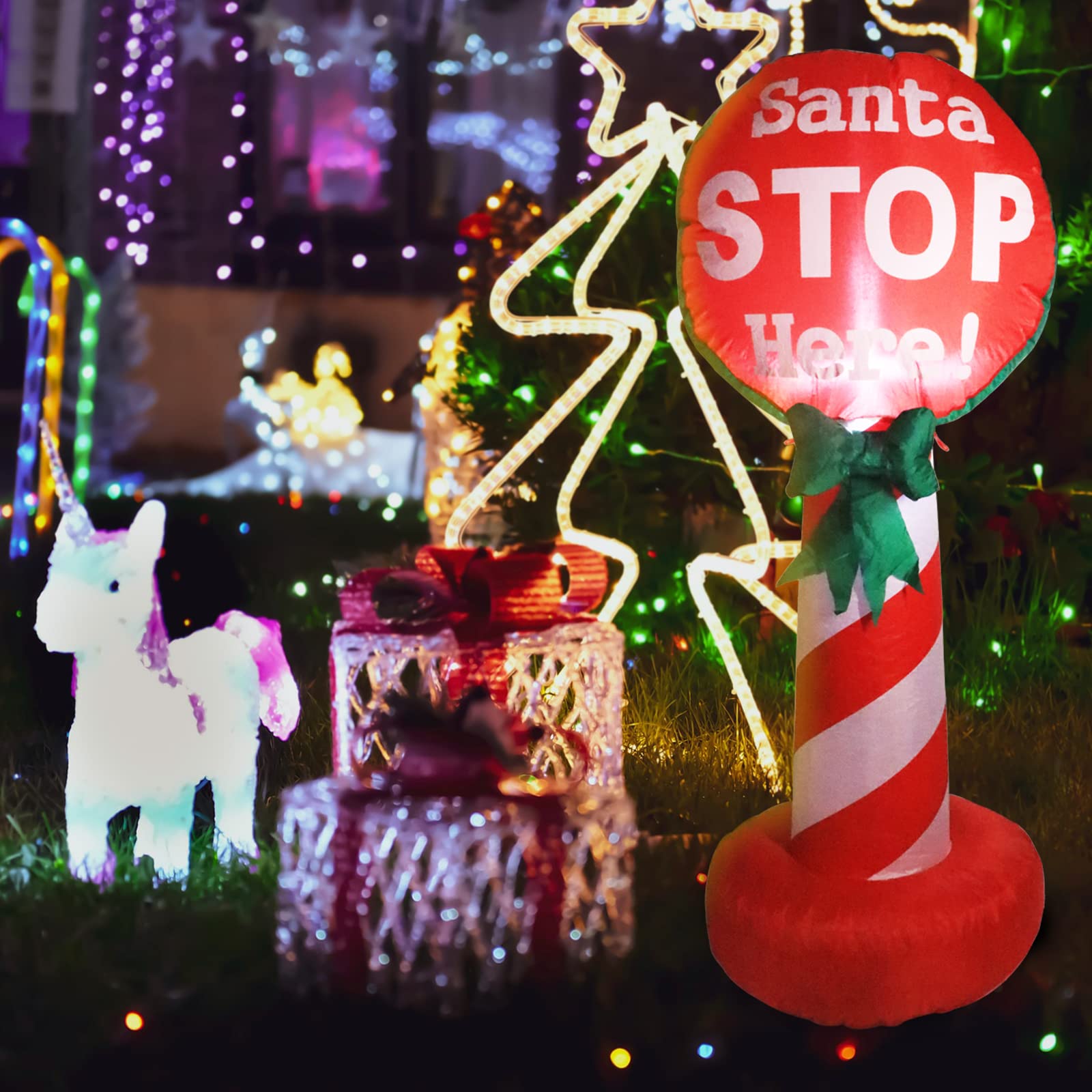 Christmas Inflatable Decorations Christmas Inflatable Santa Stop Here Sign, 4.1 ft Blower LED Light Holiday Merry Christmas Yard Décor for Outdoor Indoor Home Garden Yard Lawn Decorations