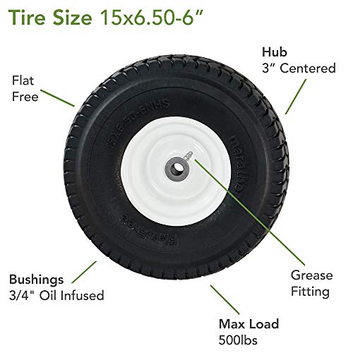 Marathon 30426 15x6.50-6" Flat Free Lawnmower Tire on Wheel, 3" Hub, 3/4" Bushings