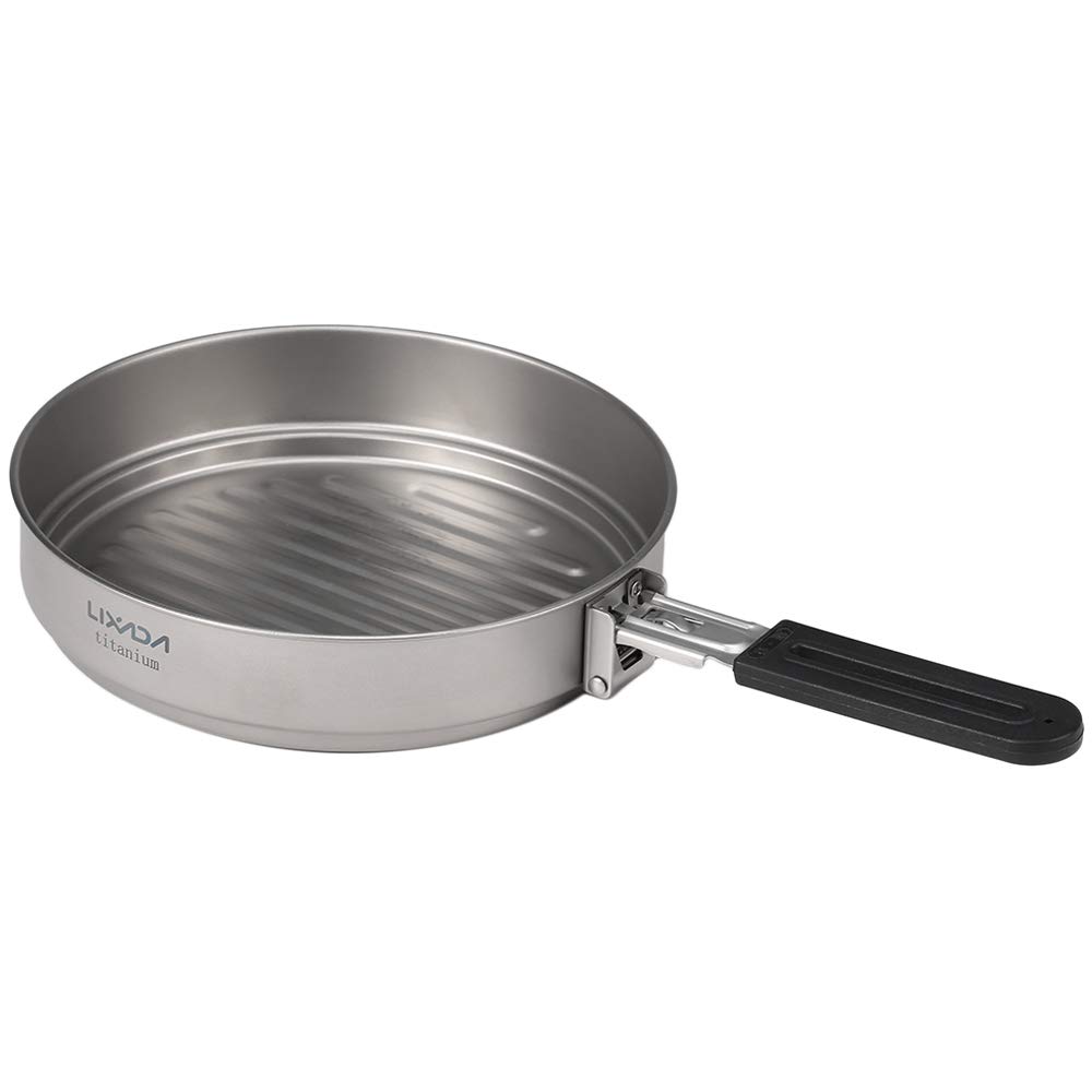 fangzi Frying pan, 1100ml Titanium Fry Pan Ultralight Grill Frying Pan with Folding Handle for Outdoor Cooking Camping Hiking Backpacking
