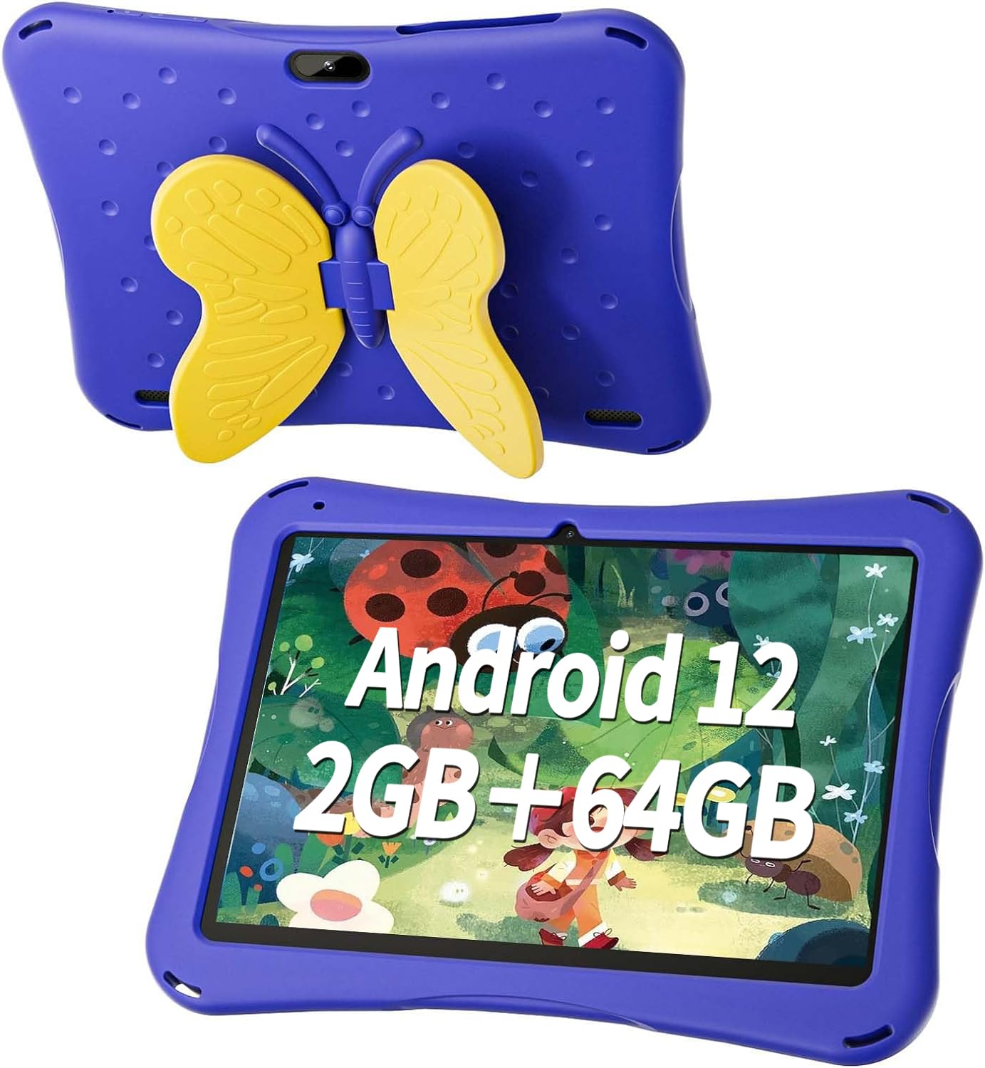 SGIN 10 Inch Tablet for Kids, Android 12 Kids Tablet with Kids Case, 2GB RAM 64GB ROM, 5000mAh, 1280 * 800 Display, Dual Camera, WiFi, Educational Games, Yellow Butterfly Handle