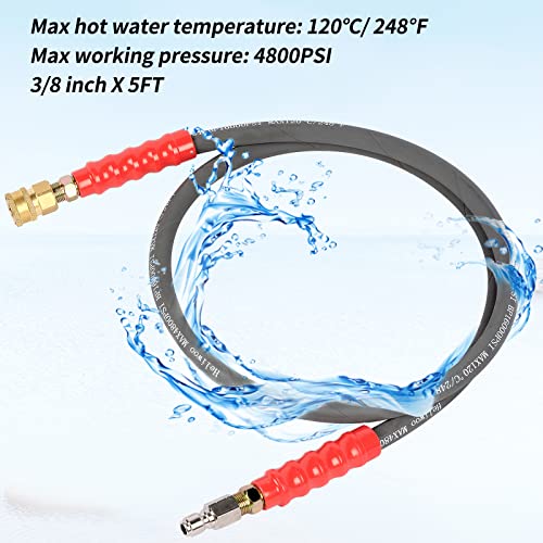 Heliwoo Pressure Washer Whip Hose 5FT, 3/8'' Hose Reel Connector Hose for Power Washer, 248°F Hot Water Jumper Hose with 3/8'' Quick Connect Adapter Set, Steel-Braided-4800 PSI