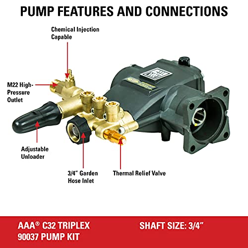 AAA 90037 Horizontal Triplex Plunger Replacement Pressure Washer Pump Kit, 3700 PSI, 2.5 GPM, 3/4" Shaft, Includes Hardware and Siphon Tube, for Industrial Gas Powered Machines, Black