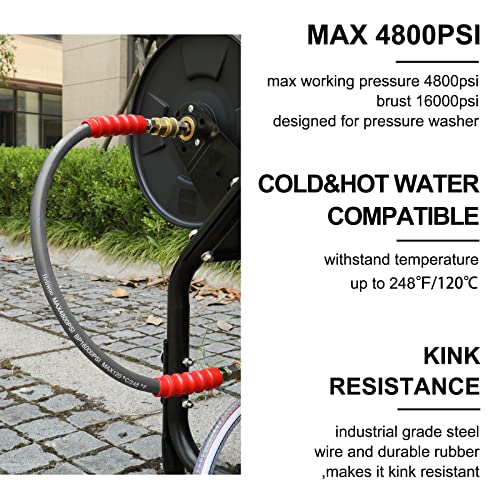 Heliwoo Pressure Washer Whip Hose 5FT, 3/8'' Hose Reel Connector Hose for Power Washer, 248°F Hot Water Jumper Hose with 3/8'' Quick Connect Adapter Set, Steel-Braided-4800 PSI