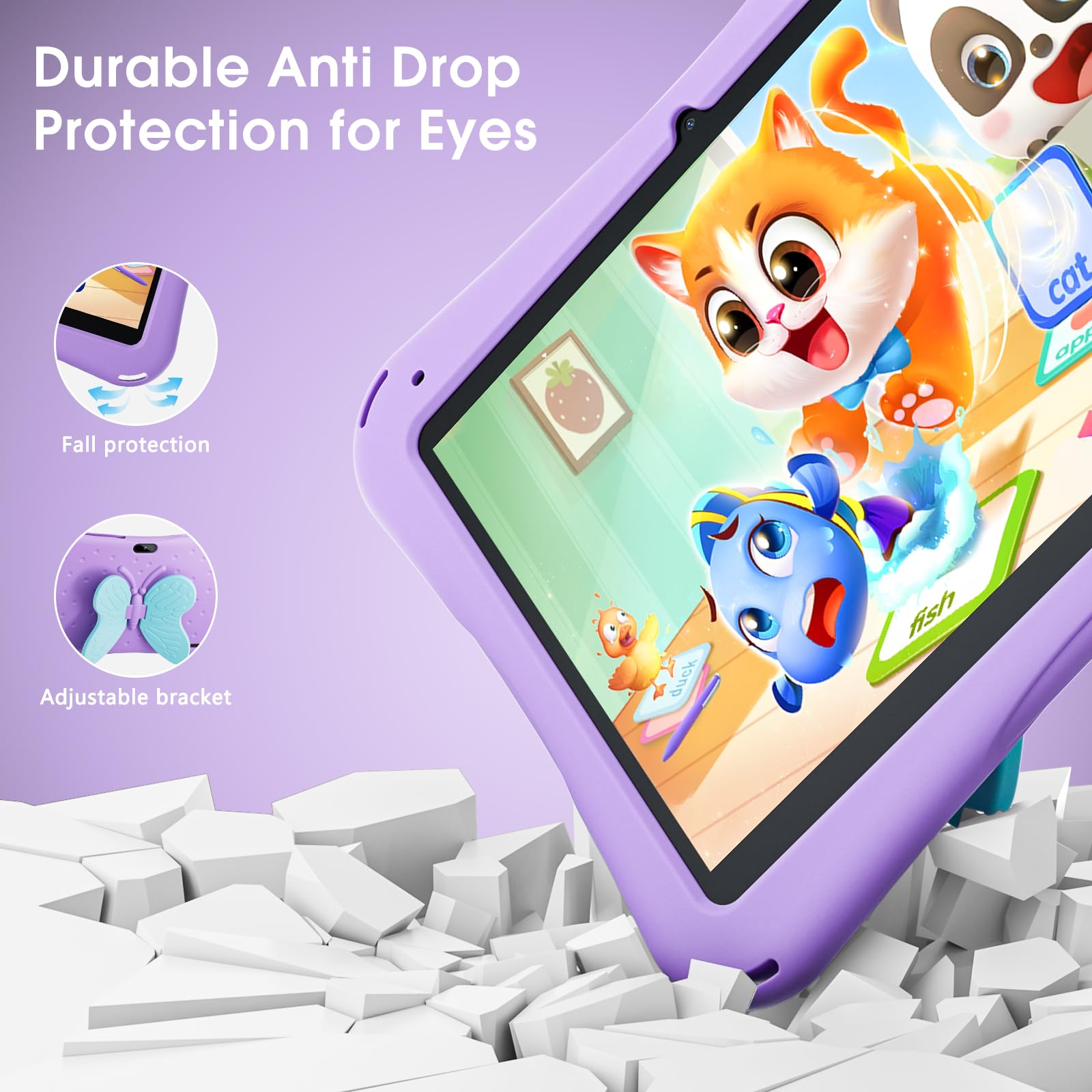 SGIN Tablet for Kids, 10 Inch Android 12 Kids Tablet with Kids Case, 2GB RAM 64GB ROM, 5000mAh, 1280 * 800 Display, Dual Camera, WiFi, Educational Games, Blue Butterfly Handle