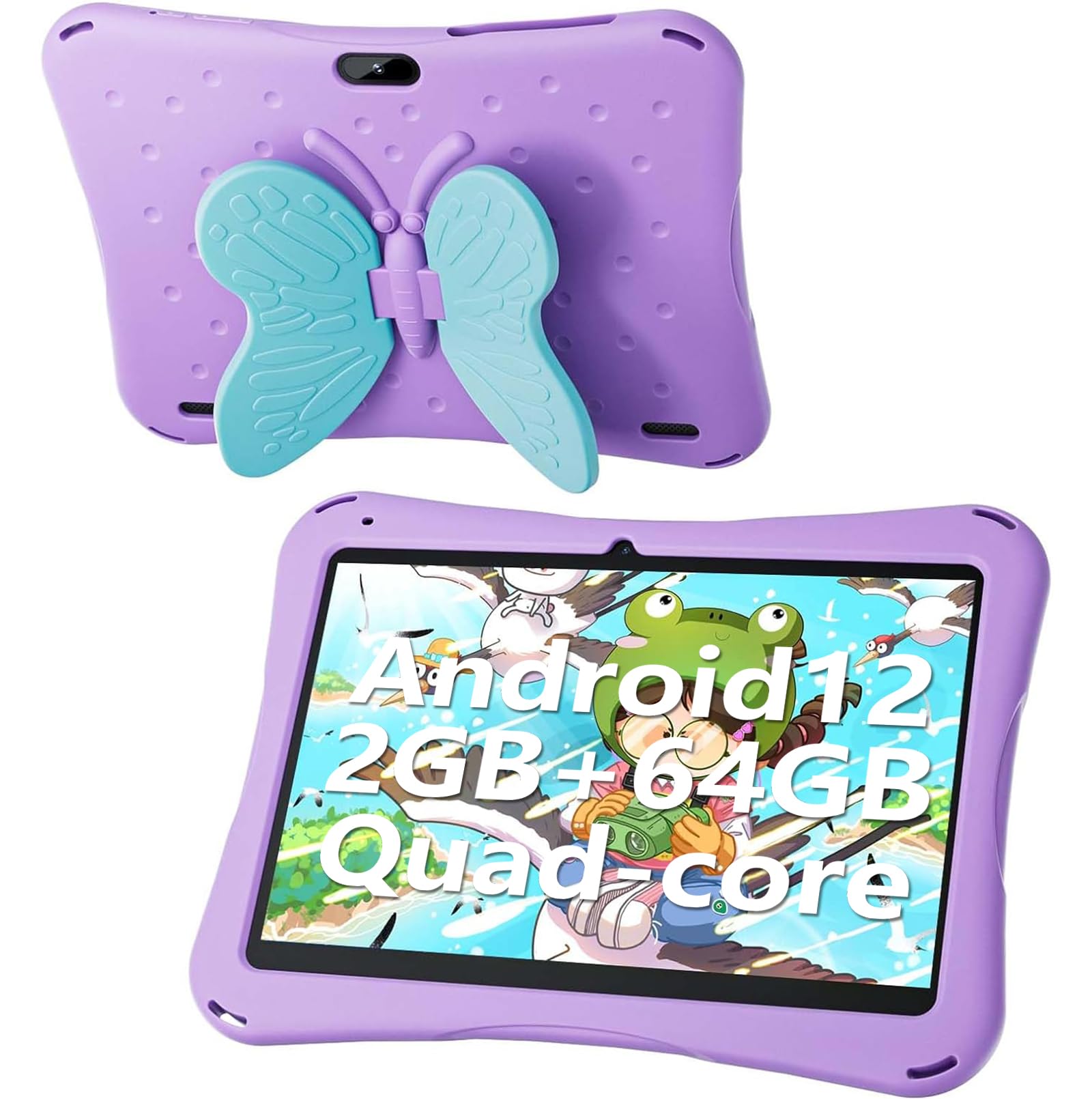 SGIN Tablet for Kids, 10 Inch Android 12 Kids Tablet with Kids Case, 2GB RAM 64GB ROM, 5000mAh, 1280 * 800 Display, Dual Camera, WiFi, Educational Games, Blue Butterfly Handle