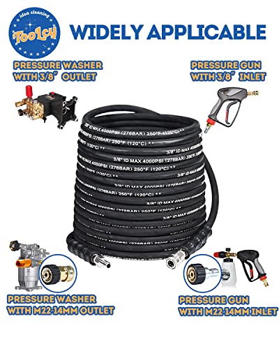 TOOLCY 3/8" Pressure Washer Hose 4000 PSI X 50 FT, Stainless 3/8" Swivel QC Kink Resistant, 250β Hot Water Compatible Steel Wire Braided & Rubber Jacket, Easy Loading 3/8" NPT X M22-14mm Adapter Kits