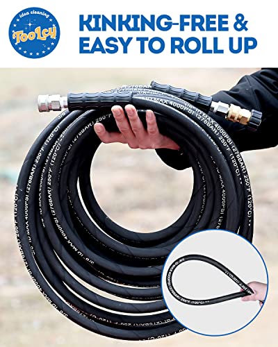 TOOLCY 3/8" Pressure Washer Hose 4000 PSI X 50 FT, Stainless 3/8" Swivel QC Kink Resistant, 250β Hot Water Compatible Steel Wire Braided & Rubber Jacket, Easy Loading 3/8" NPT X M22-14mm Adapter Kits