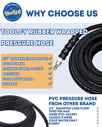 TOOLCY 3/8" Pressure Washer Hose 4000 PSI X 50 FT, Stainless 3/8" Swivel QC Kink Resistant, 250β Hot Water Compatible Steel Wire Braided & Rubber Jacket, Easy Loading 3/8" NPT X M22-14mm Adapter Kits