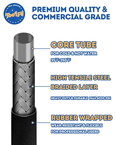TOOLCY 3/8" Pressure Washer Hose 4000 PSI X 50 FT, Stainless 3/8" Swivel QC Kink Resistant, 250β Hot Water Compatible Steel Wire Braided & Rubber Jacket, Easy Loading 3/8" NPT X M22-14mm Adapter Kits