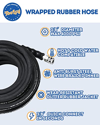 TOOLCY 3/8" Pressure Washer Hose 4000 PSI X 50 FT, Stainless 3/8" Swivel QC Kink Resistant, 250β Hot Water Compatible Steel Wire Braided & Rubber Jacket, Easy Loading 3/8" NPT X M22-14mm Adapter Kits