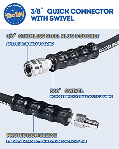 TOOLCY 3/8" Pressure Washer Hose 4000 PSI X 50 FT, Stainless 3/8" Swivel QC Kink Resistant, 250β Hot Water Compatible Steel Wire Braided & Rubber Jacket, Easy Loading 3/8" NPT X M22-14mm Adapter Kits