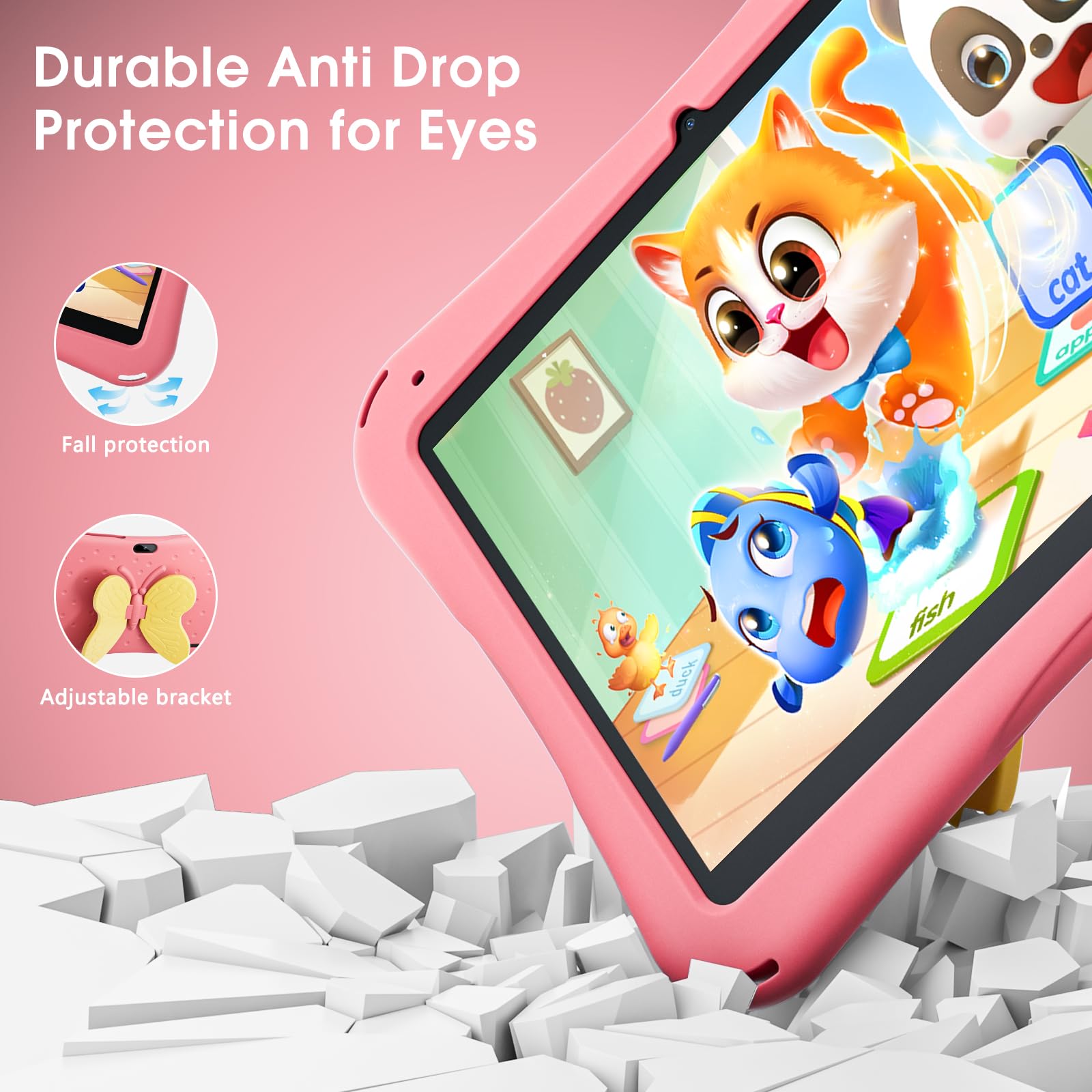 SGIN 10 Inch Tablet for Kids, Android 12 Kids Tablet with Kids Case, 2GB RAM 64GB ROM, 5000mAh, 1280 * 800 Display, Dual Camera, WiFi, Educational Games, Yellowish Butterfly Handle