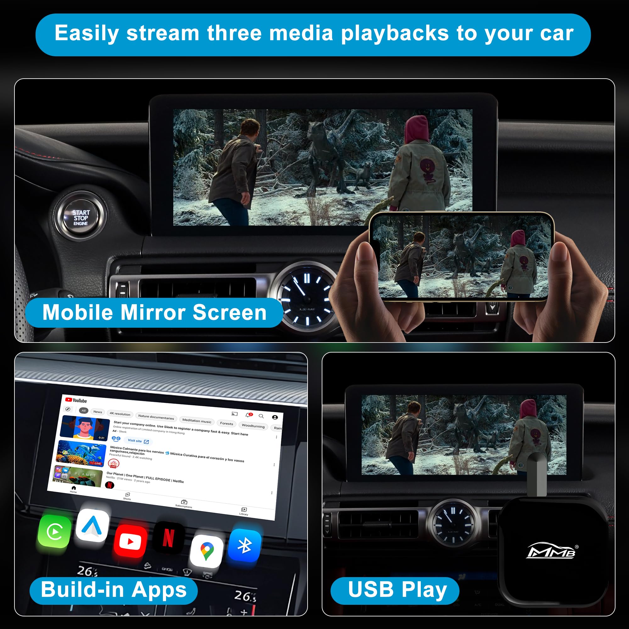 MMB Wireless CarPlay Adapter & Android Auto Wireless, Magic Box, Black, WiFi, HDMI, USB, Voice Control, YouTube, Netflix, World TV, Mirroring, 1080p, Apple, Google, Television, Smartphone