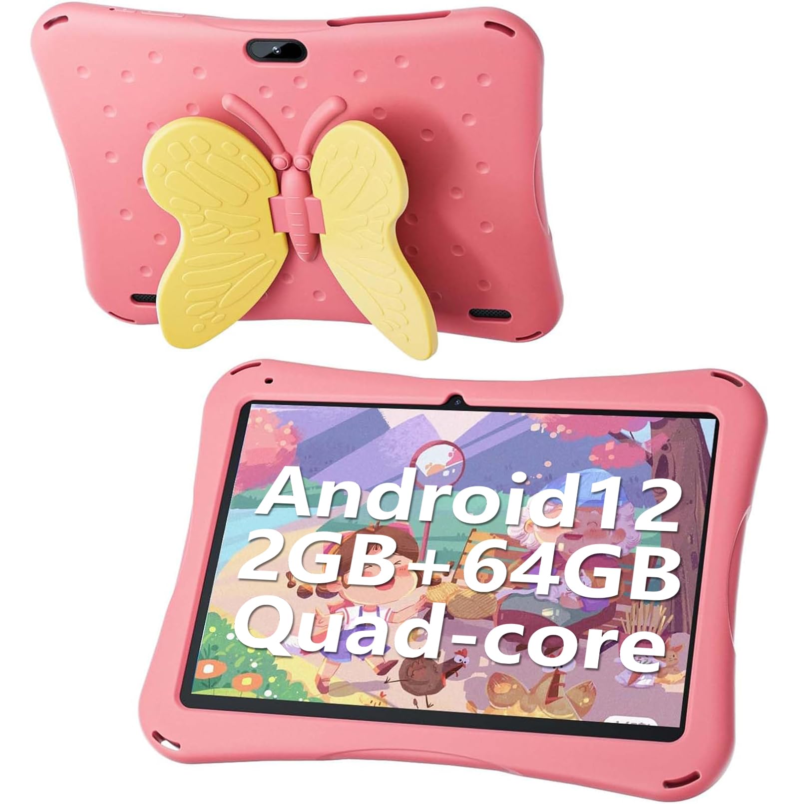 SGIN 10 Inch Tablet for Kids, Android 12 Kids Tablet with Kids Case, 2GB RAM 64GB ROM, 5000mAh, 1280 * 800 Display, Dual Camera, WiFi, Educational Games, Yellowish Butterfly Handle