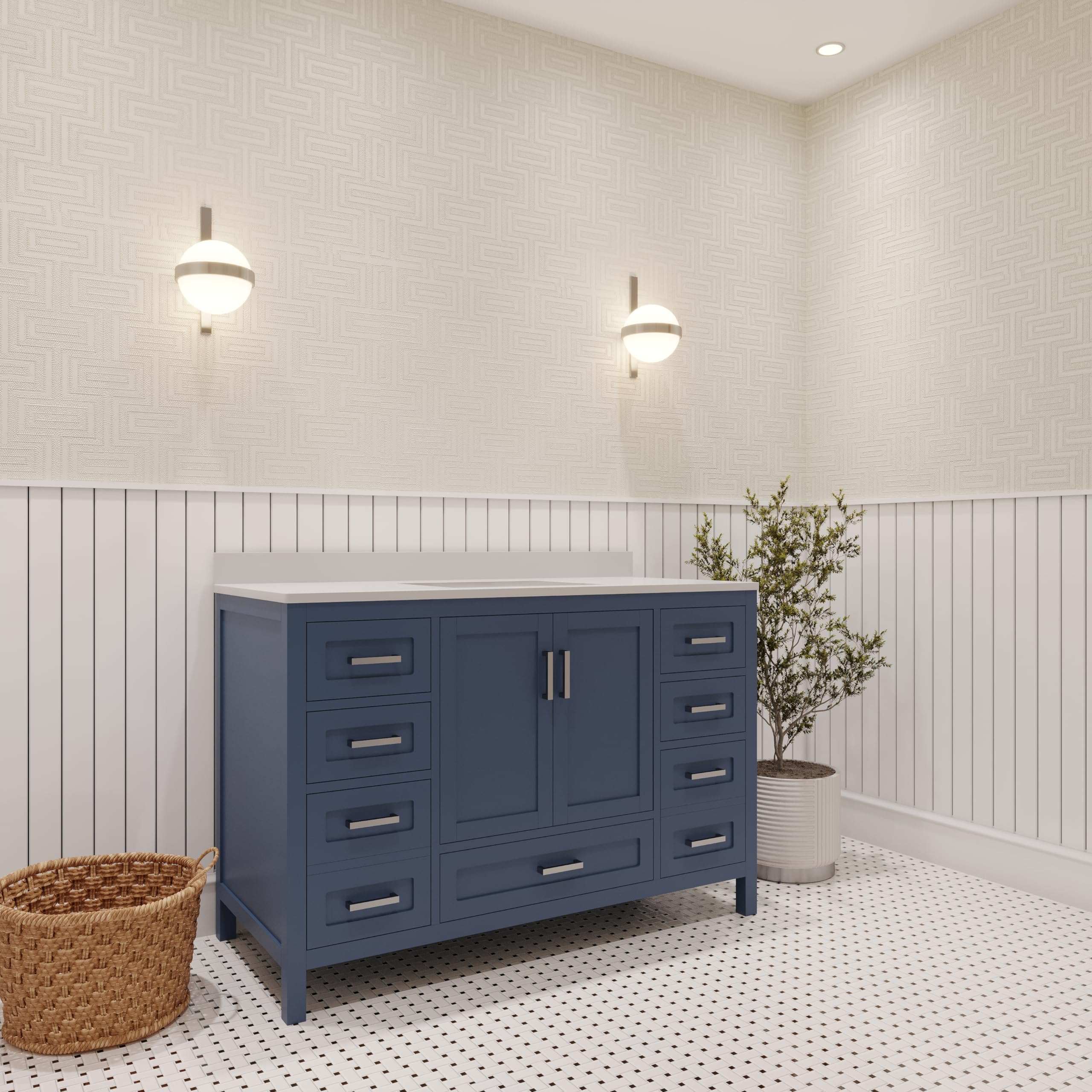 Ayna Decors Rooh 48 Inch Navy Blue Bathroom Vanity with Sink, Quartz Countertop, 2 Soft Closing Doors, and 7 Full Extension Drawers, Brushed Nickel Hardware