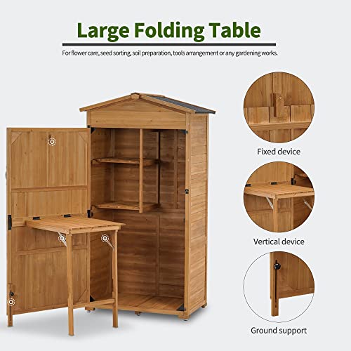 MCombo Large Outdoor Storage Cabinet with Folding Table, Oversize Garden Tool Shed with Shelves, Tall Outdoor Storage Shed with Lock for Patio and Yard (35.4x23.6x74 inch) 1965 (Natural)